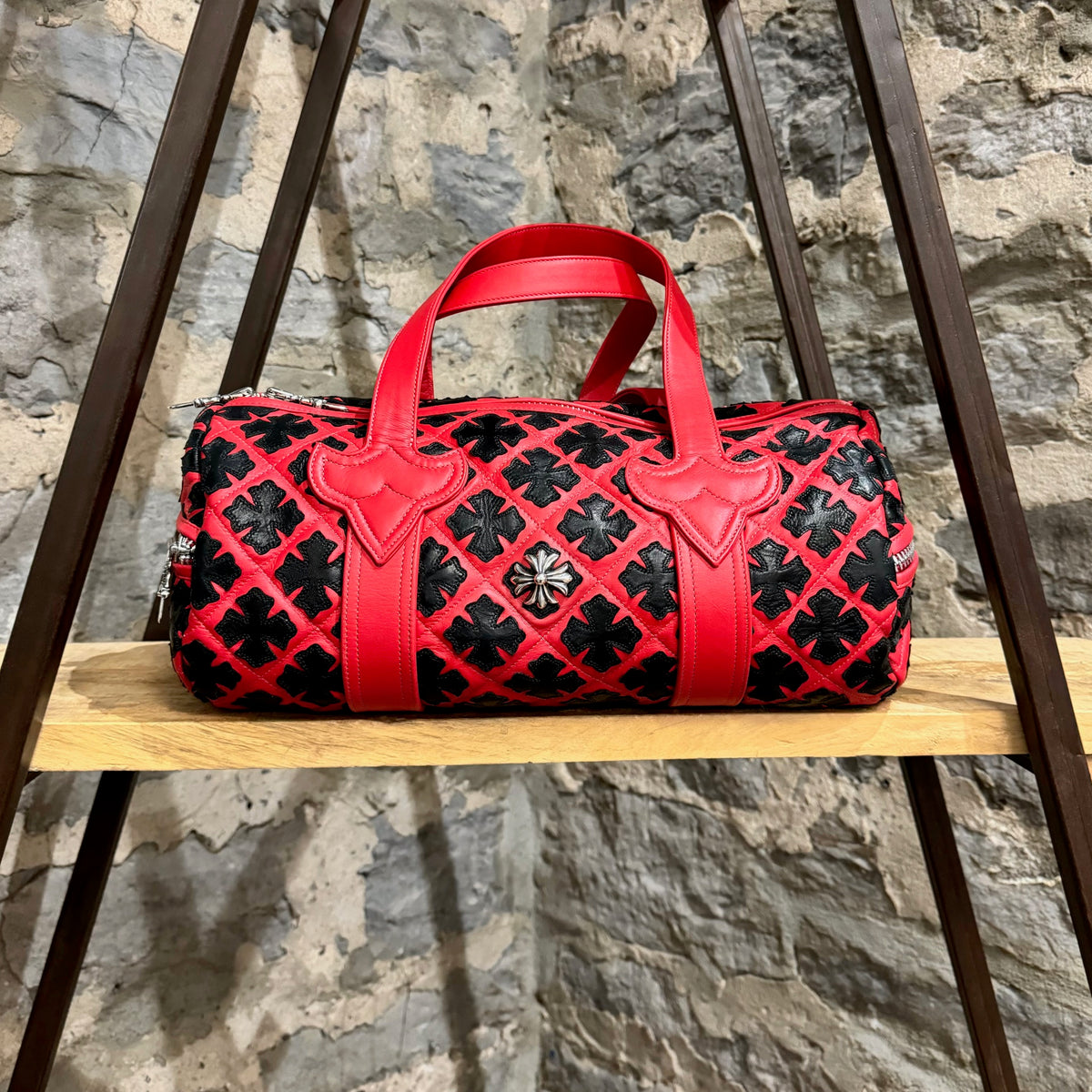 Chrome Hearts Red Leather All Over Black Crosses Duffle Bag – Boutique ...