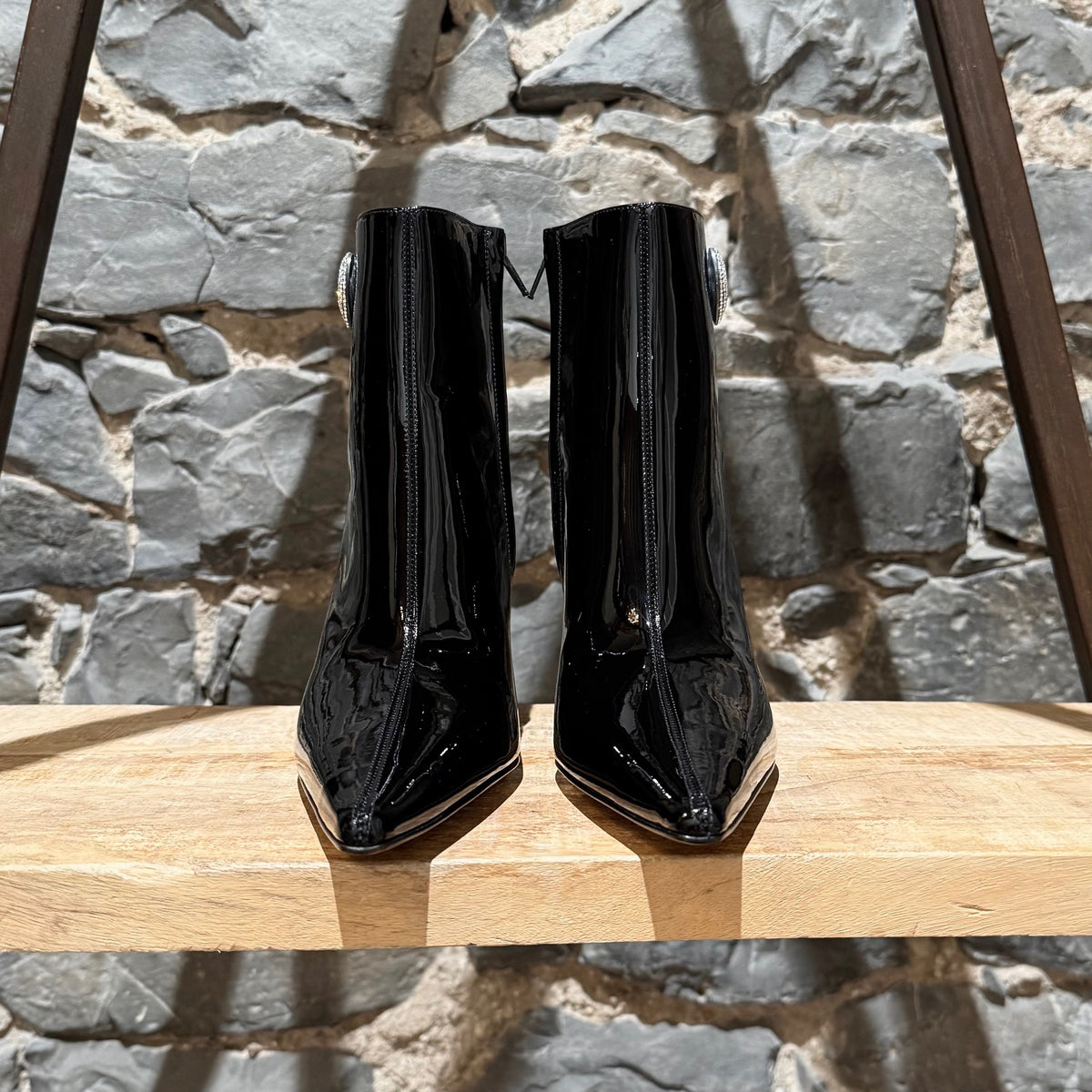 Mach & Mach SS23 Black Patent Crystal Heart Heeled Ankle Boots ...