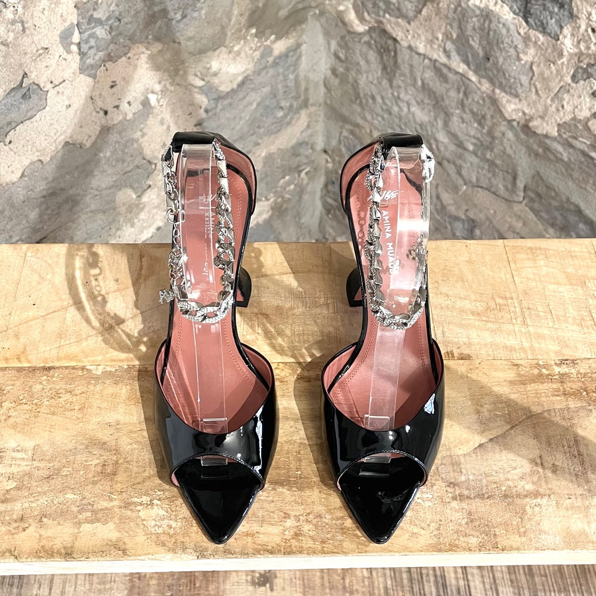 Amina Muaddi X Awge Flacko Black Patent Pumps with Crytals Ankle Strap ...