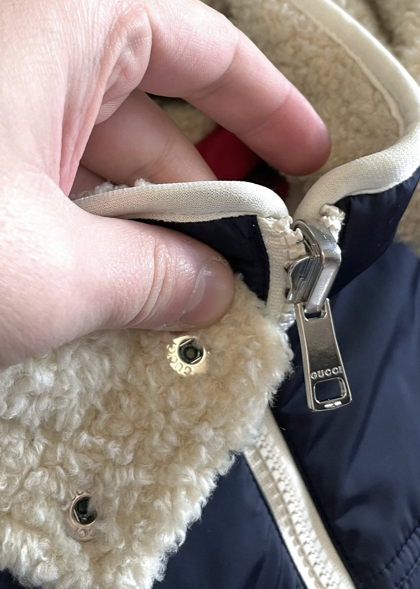 Gucci Navy Blue GG Patch Faux Shearling Reversible Parachute Jacket ...